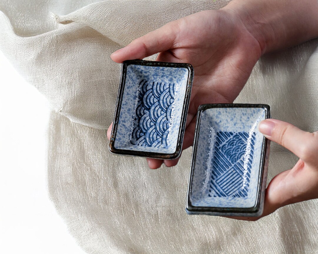 Handcrafted Rectangular Porcelain Sauce Dish With Geometric & Wave ...