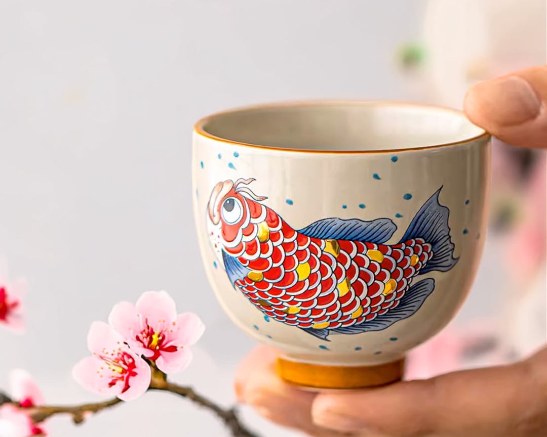 Chinese Ceramic Tea Cup With Koi Fish Design and Tray Asian Elegant ...