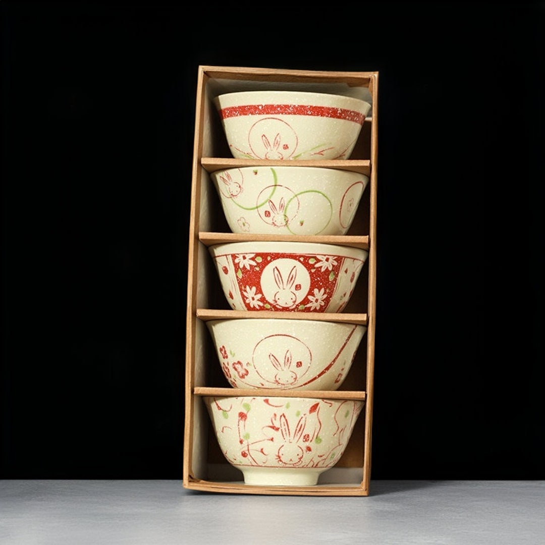 Set of 5 Red Porcelain Bunny Design Rice Bowls | Elegant and Charming ...