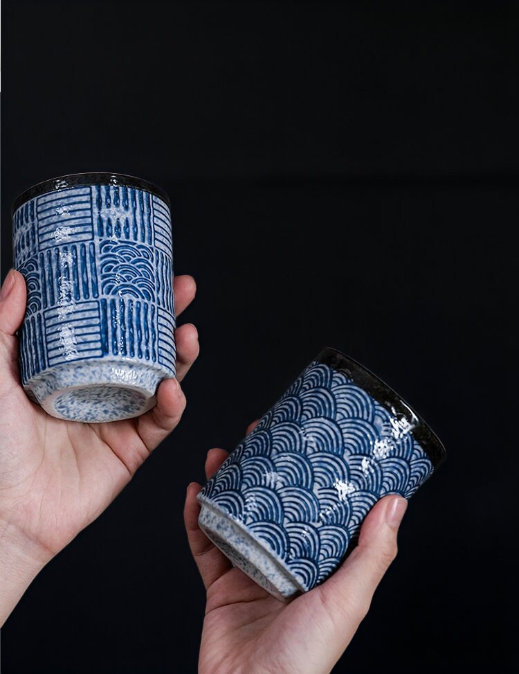Blue Wave Pattern Porcelain Japanese Style Green Tea Cup Retro Style No ...