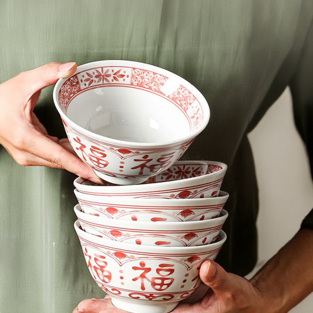 Ceramic Red and White Rice Bowl Set of 5 | Chinese Dessert, Soup Bowls ...
