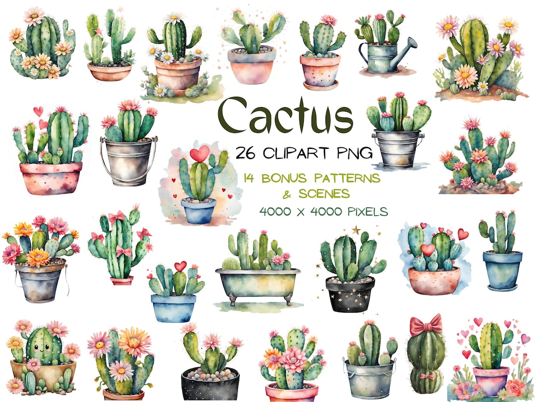 CACTUS Clip Art PNG Watercolor Cactus Clipart With Flowers, Bows ...