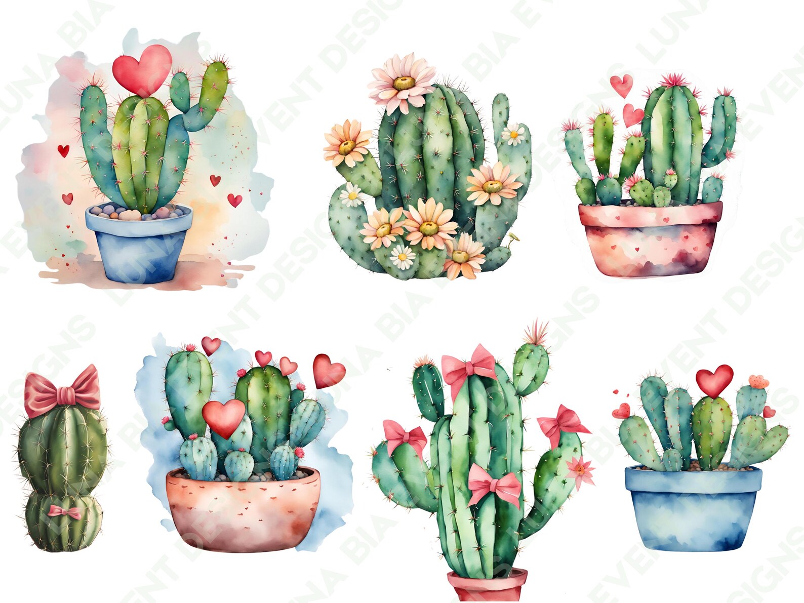 CACTUS Clip Art PNG Watercolor Cactus Clipart With Flowers, Bows ...