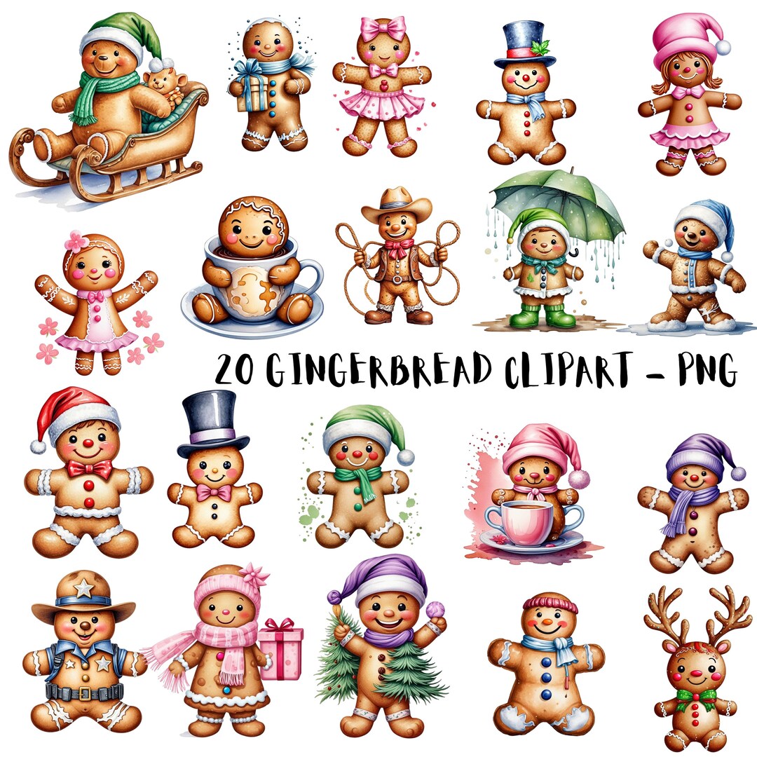 CHRISTMAS GINGERBREAD Clipart Pack- 20 Gingerbread Men and Woman ...