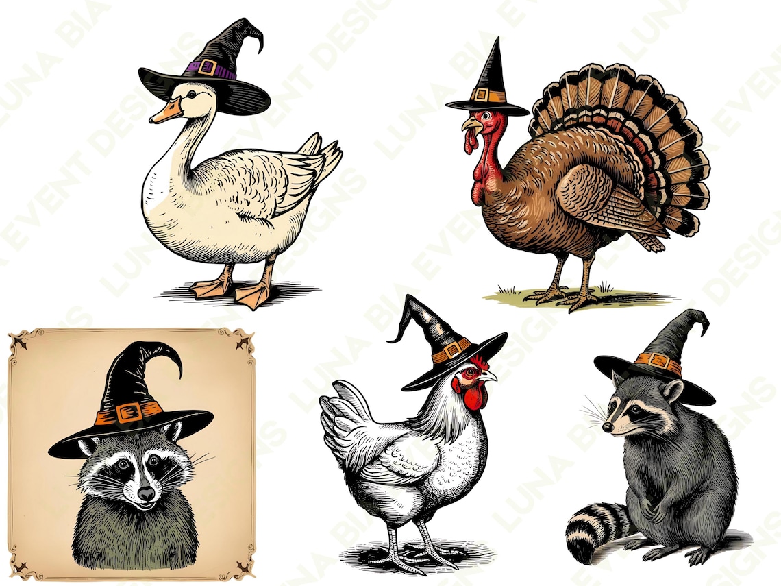 25 HALLOWEEN ANIMALS in Witch Hats Clipart Bundle, Vintage Inspired ...