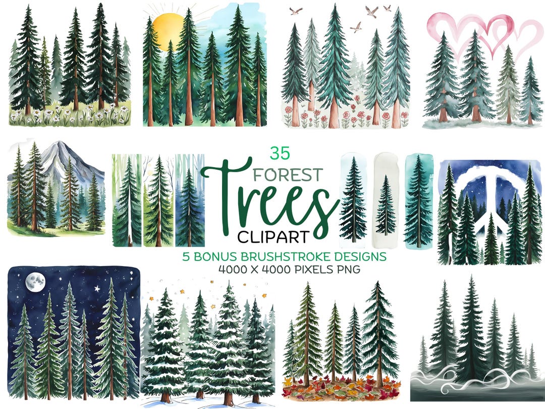 FOREST TREE CLIPART Watercolor Woodland Trees in All Seasons ...