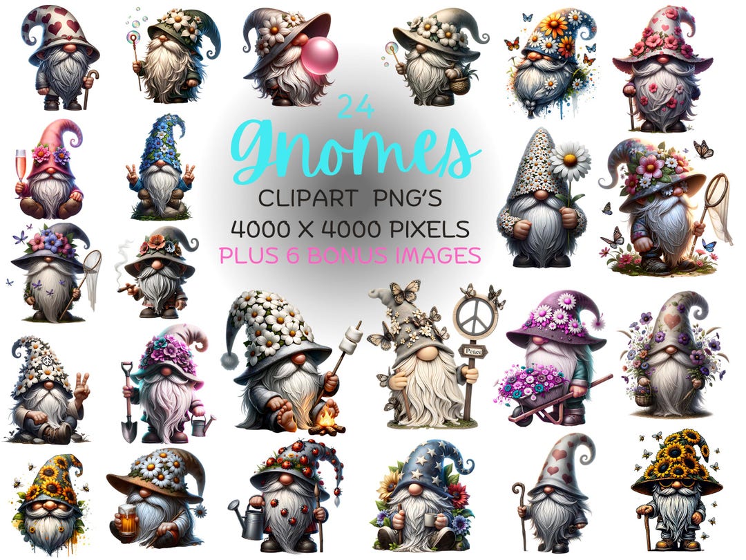 GNOME Clipart Bundle,24 Unique, Cute, Whimsical Gnomes With Flowers ...