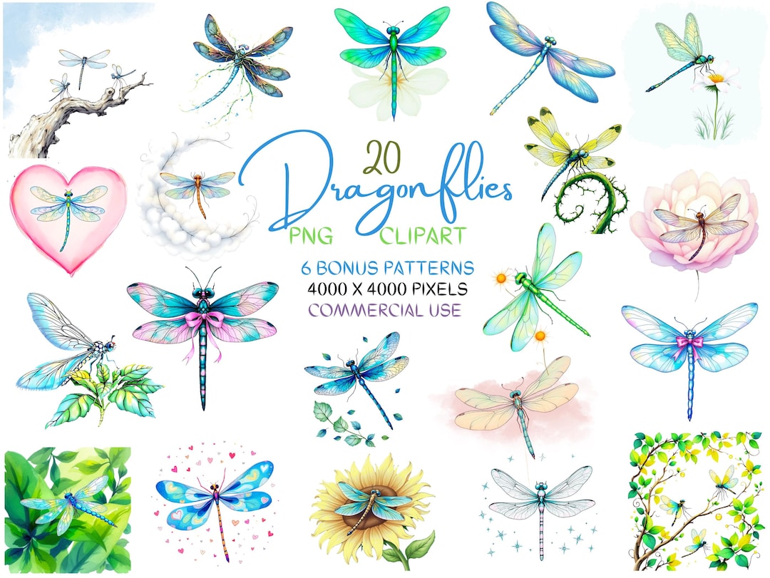 DRAGONFLY CLIPART Bundle, Whimsical Dragonflies With Hearts, Bows ...