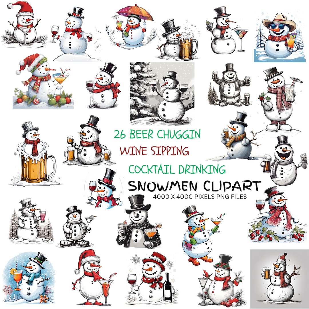 SNOWMAN CHRISTMAS Clipart Set ,drinking Beer, Wine and Cocktails! Cute ...