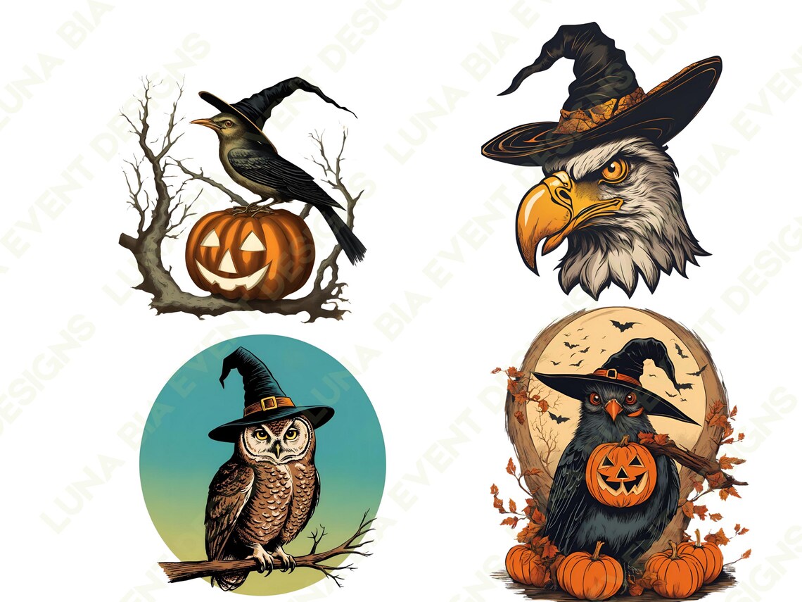 25 HALLOWEEN ANIMALS in Witch Hats Clipart Bundle, Vintage Inspired ...