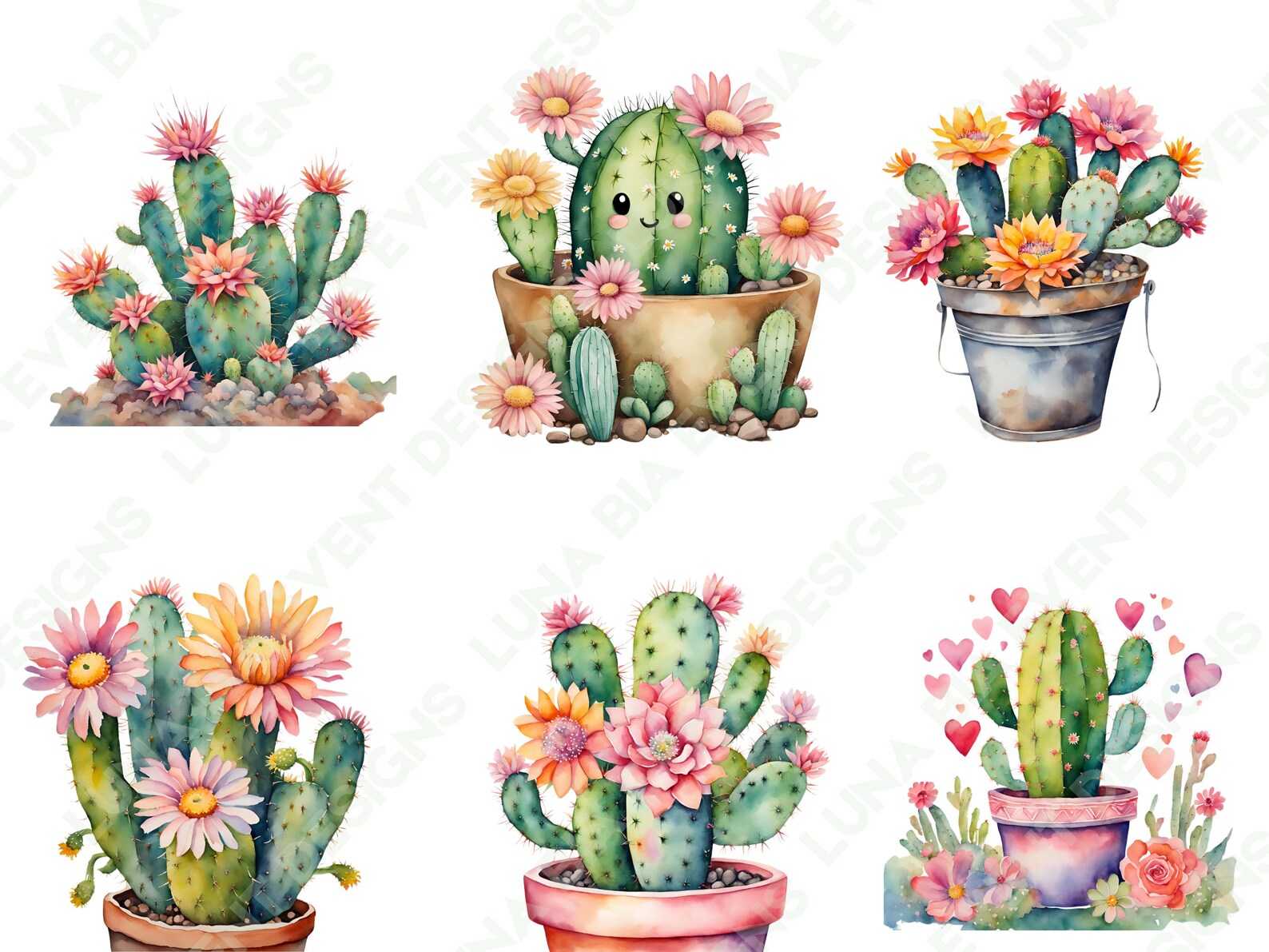 CACTUS Clip Art PNG Watercolor Cactus Clipart With Flowers, Bows ...