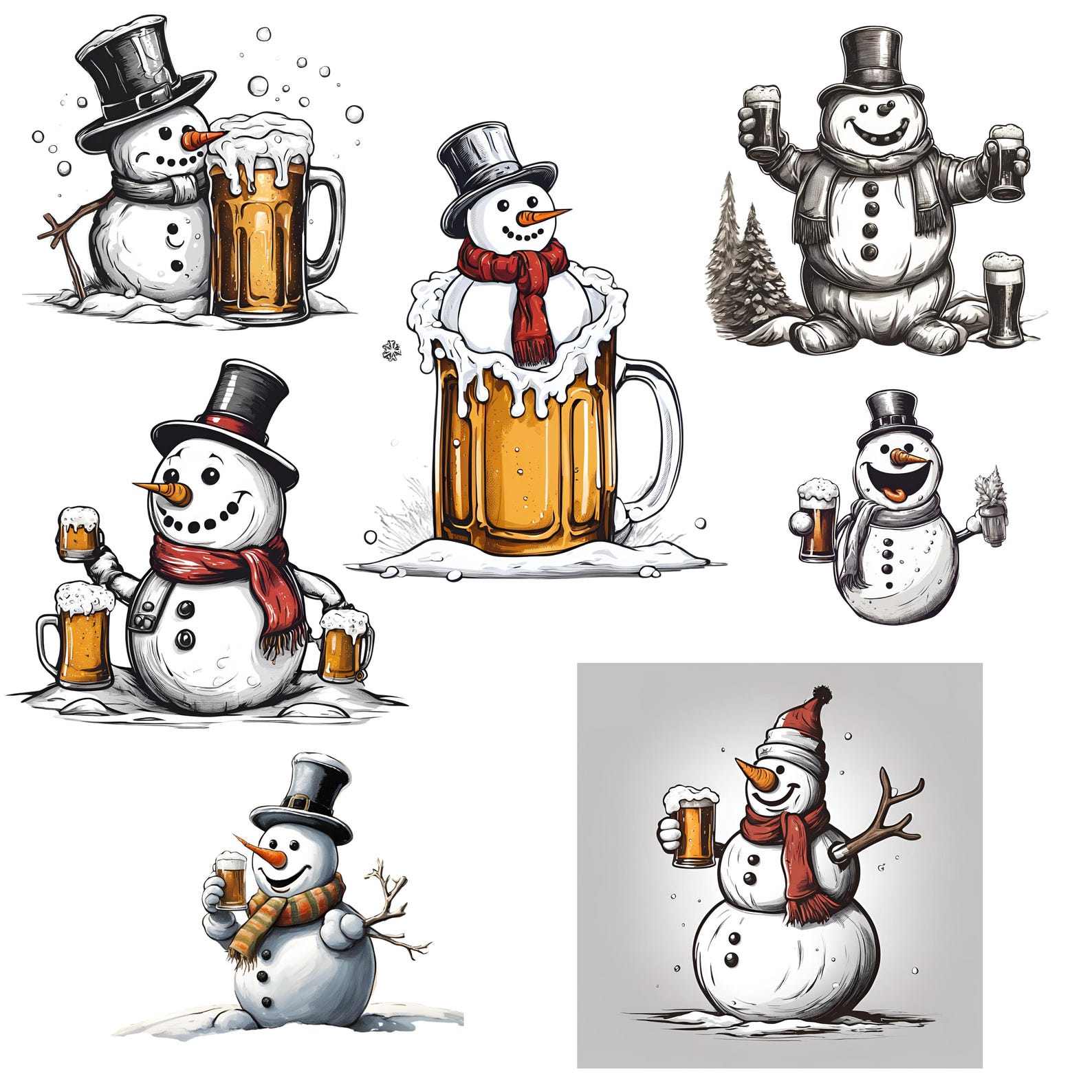 SNOWMAN CHRISTMAS Clipart Set ,drinking Beer, Wine and Cocktails! Cute ...