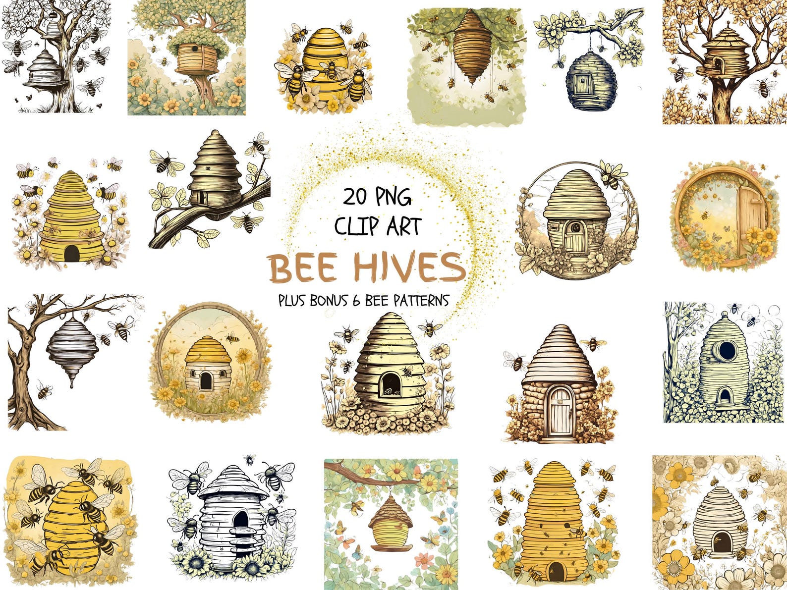 BEEHIVE BEES Clipart - 20 PNG Images Plus 6 Bee Patterns and 2 Bonus ...