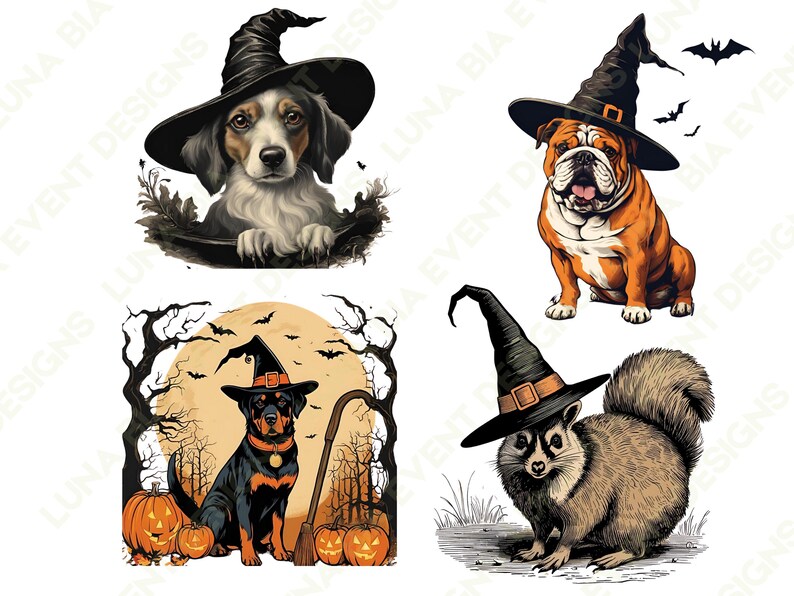 25 HALLOWEEN ANIMALS in Witch Hats Clipart Bundle, Vintage Inspired ...