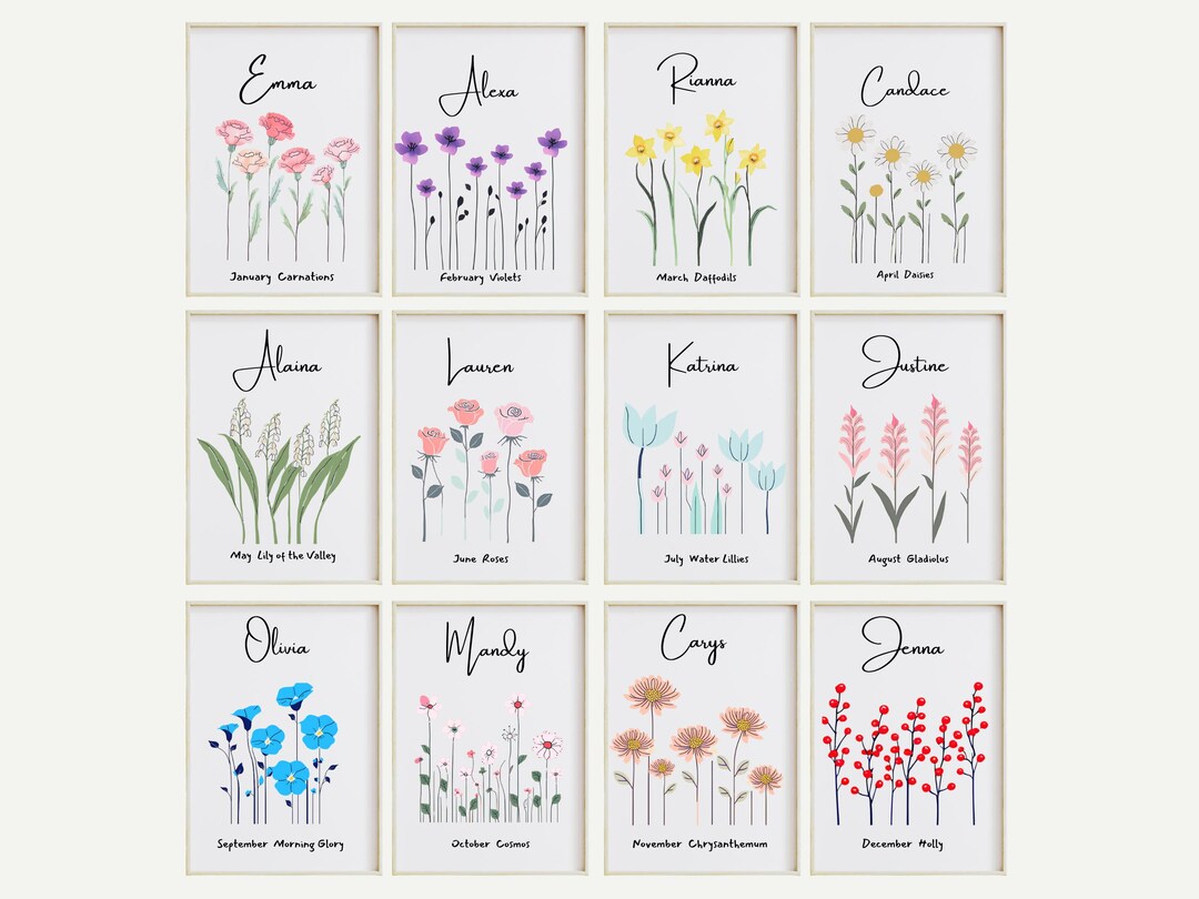 PERSONALIZED BIRTH MONTH Flower Wall Art - Custom Name Birth Flower ...