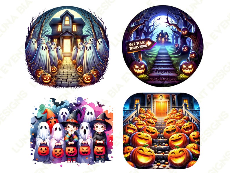 HALLOWEEN NIGHT Clipart Bundle of Collages, Brushstroke Designs With Pumpkins, Ghosts, Witches ...