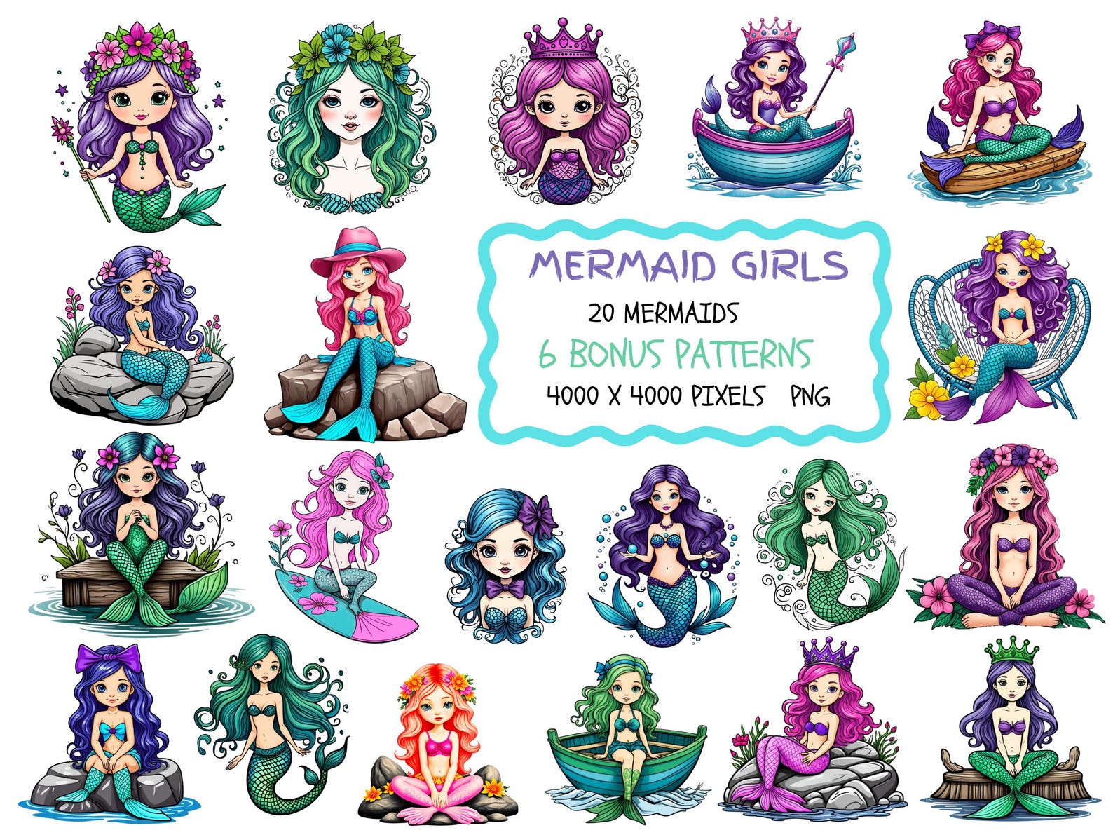 MERMAIDS Clipart PNG- Cute, Mermaid Girls Perfect for Cards ...