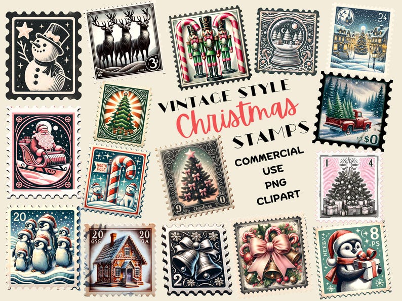Vintage Christmas Stamp Clipart Bundle (PNG) - Etsy