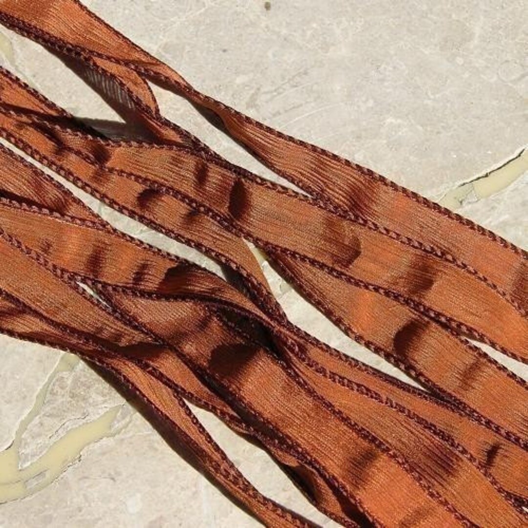 RUST Silk Ribbons, Hand Dyed and Sewn, Qty 5 Silk Strings, Rich Brown ...