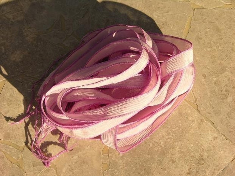 LIGHT PINK Silk Ribbons Hand Dyed Sewn Qty 5 Strings Crinkle | Etsy