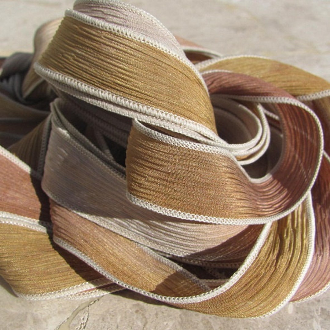 BROWN SUGAR Silk Ribbon Qty 5, Hand Dyed Strings Tan Brown Cream Gray ...