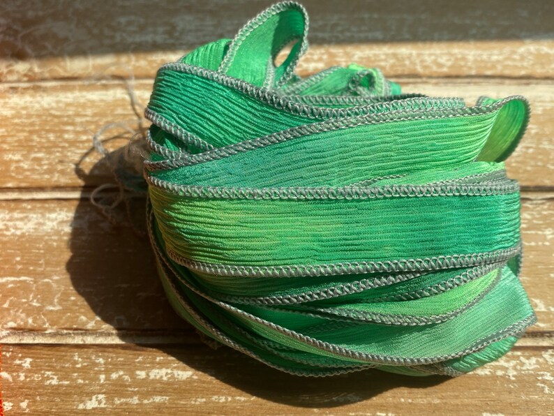 Green Apple Silk Ribbons Qty 5 Hand Dyed Ribbon Jamnglass - Etsy