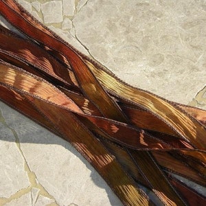 RUSTLING LEAVES Silk Ribbons Hand Dyed Strings 5 Brown Rust Green ...