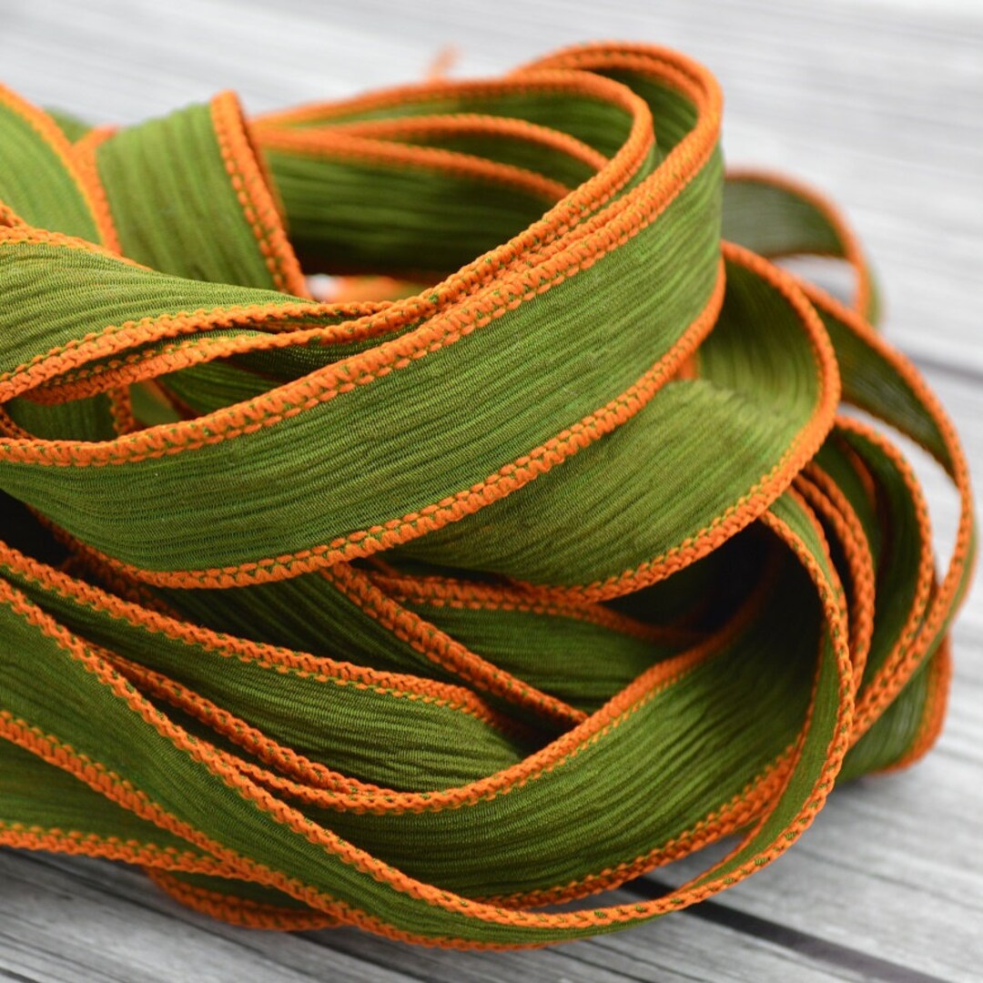 Olive Silk Ribbons Qty 5 Hand Dyed Silk Strings Crinkle - Etsy