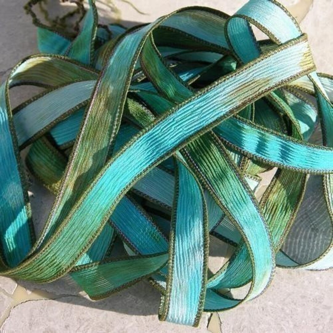 Coral Reef Hand Dyed Silk Ribbons Watercolor Ribbons in Turquoise Brown ...