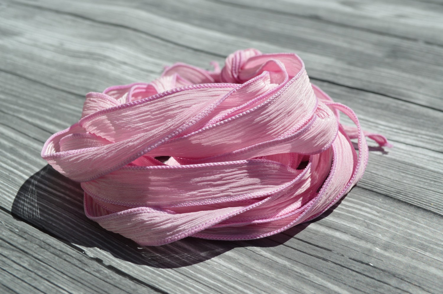 LIGHT PINK Silk Ribbons Hand Dyed Sewn Qty 5 Strings Crinkle | Etsy