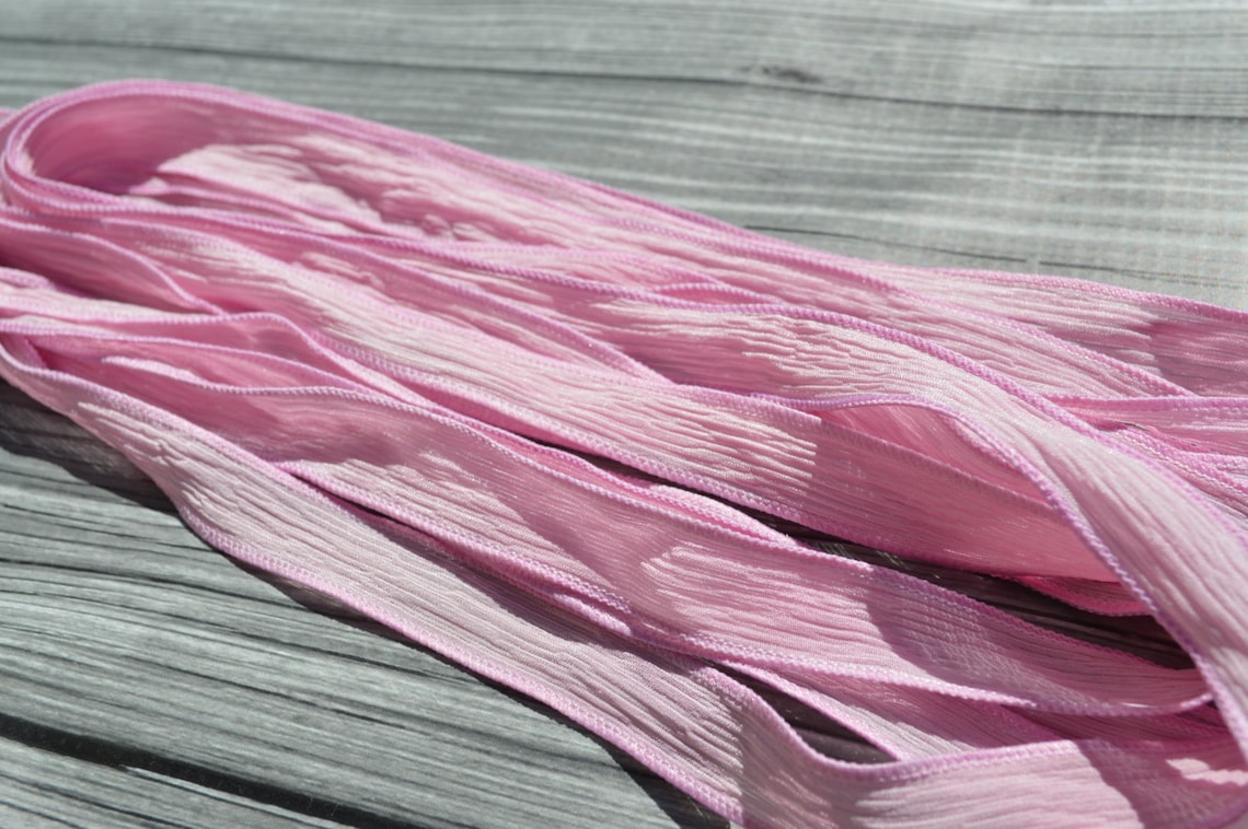 LIGHT PINK Silk Ribbons Hand Dyed Sewn Qty 5 Strings Crinkle | Etsy