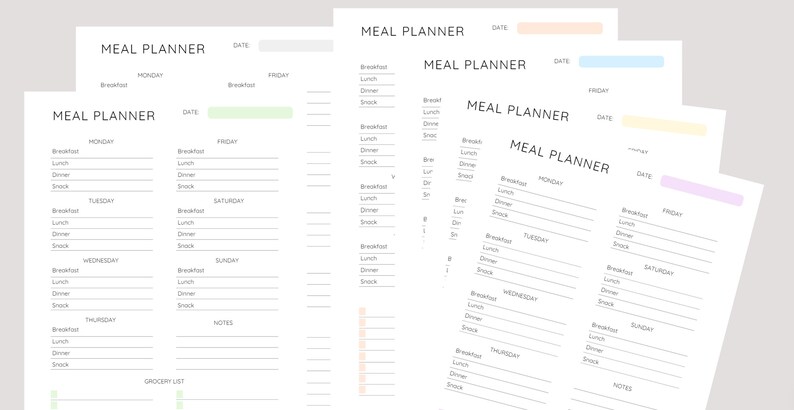 2 Versions of Printable Meal Planner Template With 6 Different Colors ...