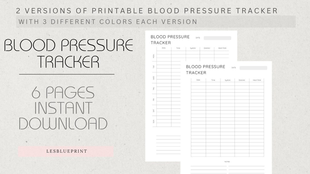 2 Versions of Printable Blood Pressure Tracker Template With 3 ...