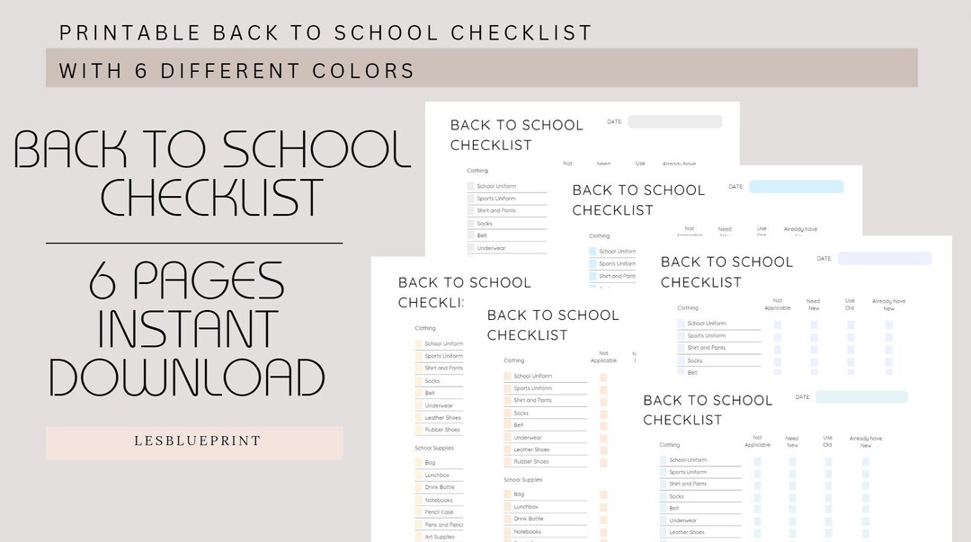 Printable Back to School Checklist Template With 6 Different Colors - Etsy