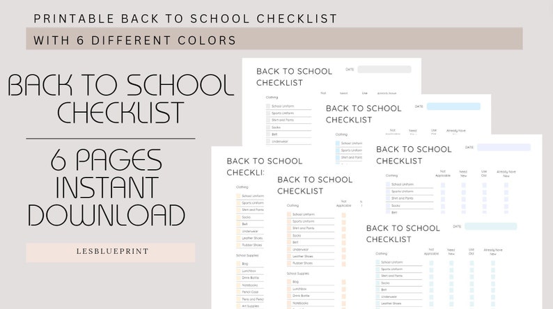 Printable Back to School Checklist Template With 6 Different Colors - Etsy