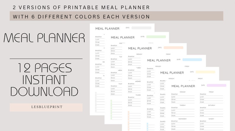 2 Versions of Printable Meal Planner Template With 6 Different Colors ...