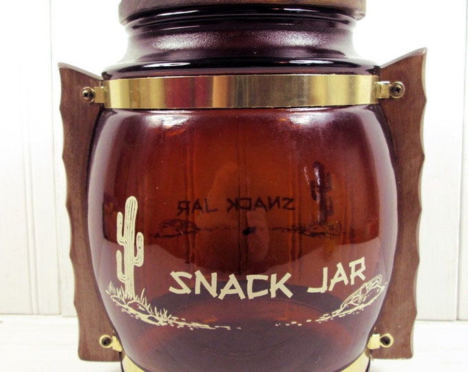 Vintage Siesta Ware Snack Jar Amber Glass Western Wood Cookie Biscuit ...