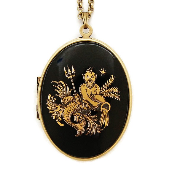 Aquarius Vintage Zodiac Locket Necklace Rare Black and | Etsy