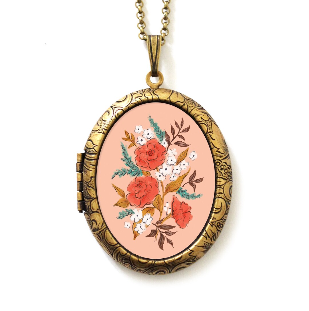 Art Locket - Hand Drawn Floral Art Locket Necklace - Deluxe Autumn ...