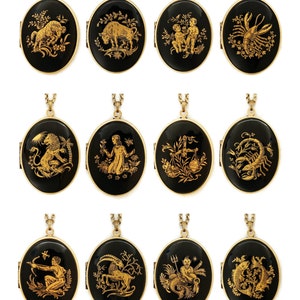 Aquarius - Vintage Zodiac Locket Necklace - Rare Black and Gold ...