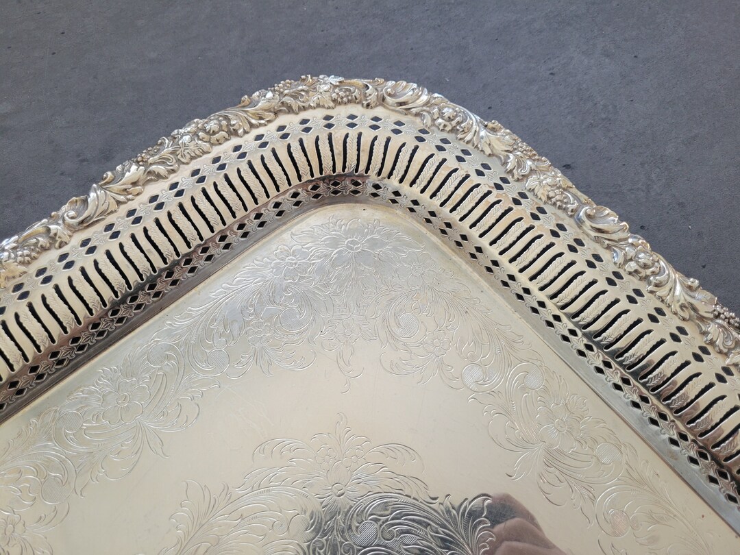 Vintage Square Serving Tray - Drinks Silver Plated Tray With Pierced ...