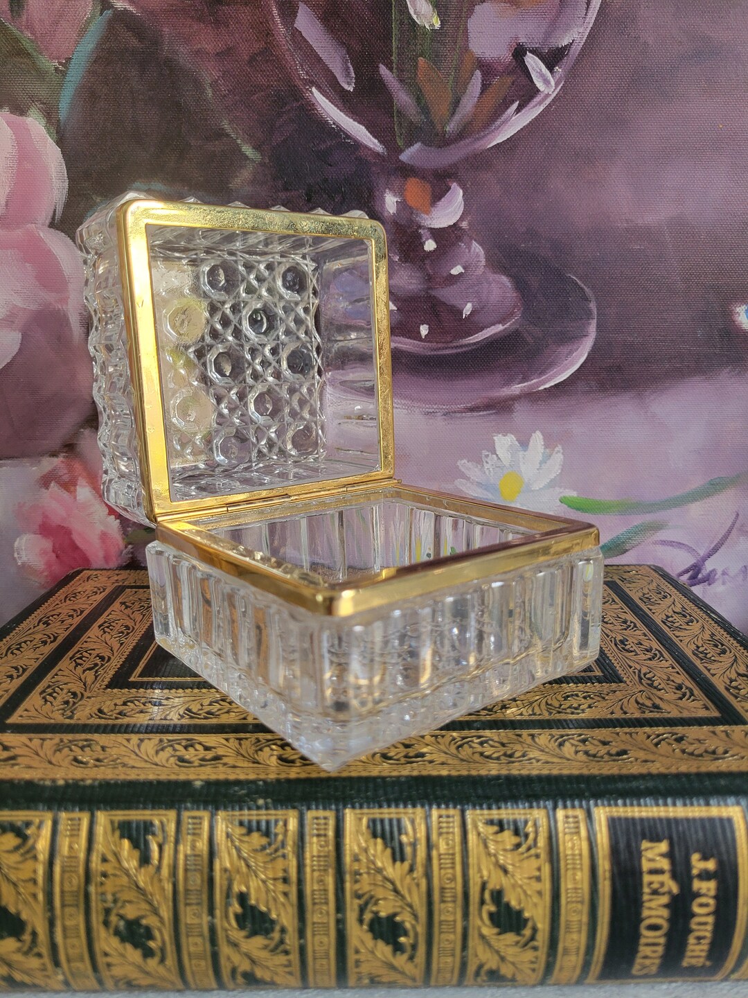 Vintage Glass Box With Gold Metal Rim for Jewelry, Trinkets Square ...