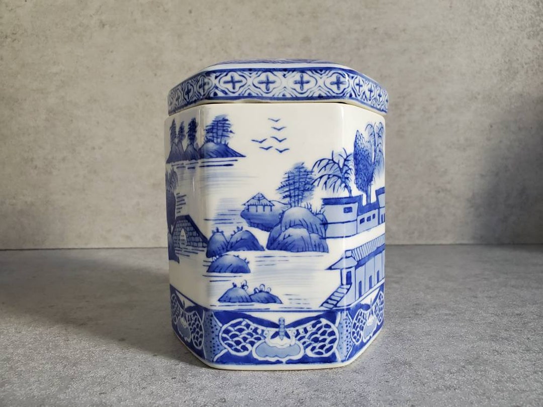 Chinese Canton Box With Lid, Canister Blue & White Porcelain ...