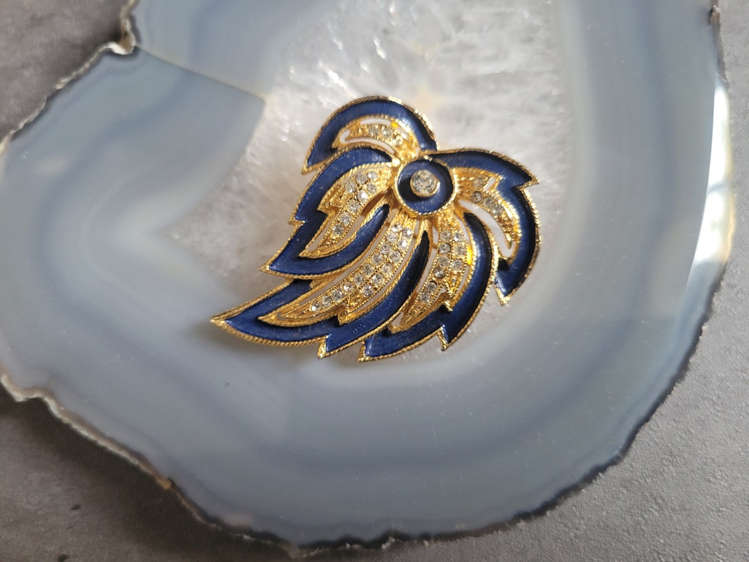 Vintage LJM Brooch - Leaf Shaped Blue Gold Rhinestone Pin, Laurentian ...