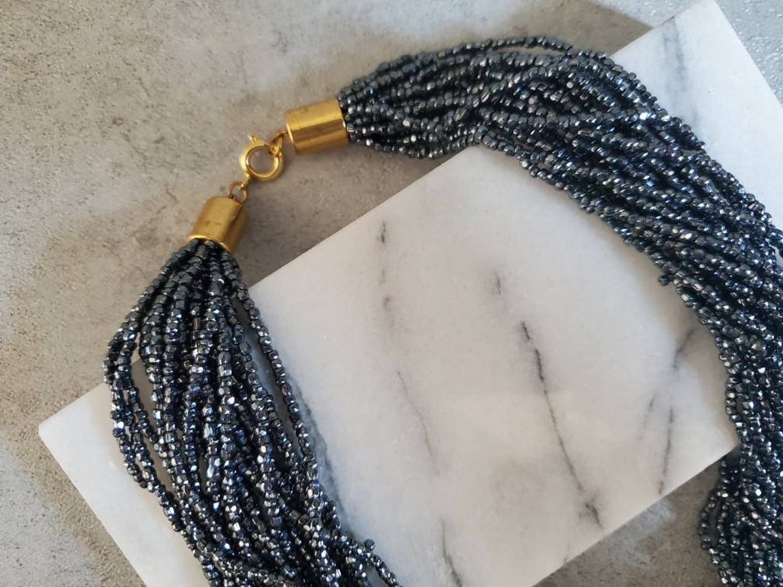 Vintage Micro Beaded Necklace With Ornate Clasp - Knot Metalic Gray ...