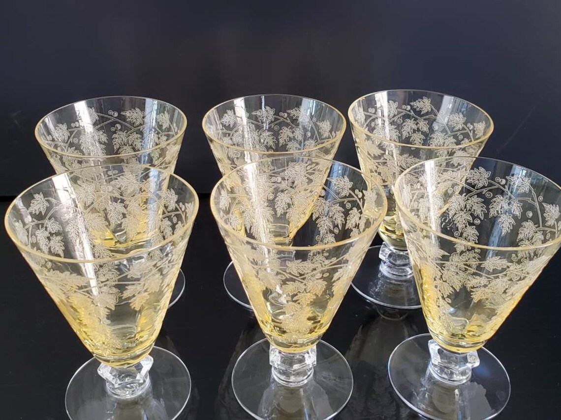 Vintage Yellow Etched Footed Tumblers 4 Small Liqueur - Etsy
