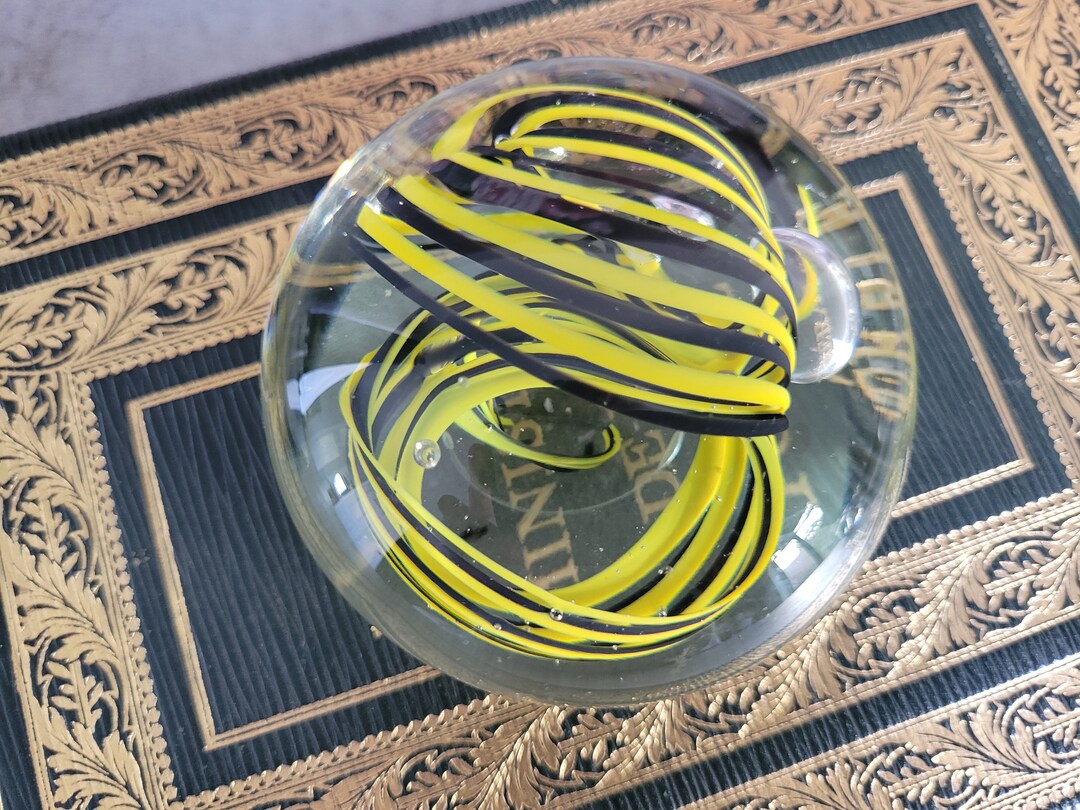 KARG Paperweight - Vintage Glass Art Black, Yellow Swirls and Clear ...