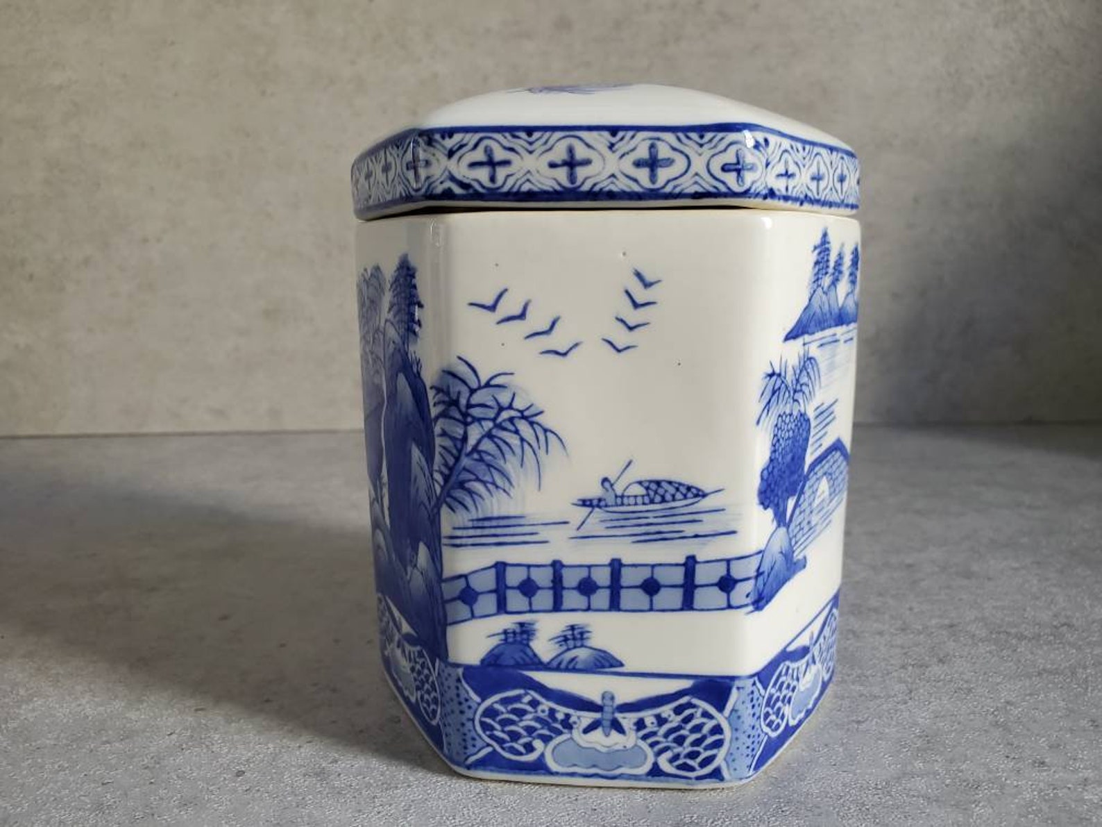 Chinese Canton Box With Lid, Canister Blue & White Porcelain ...
