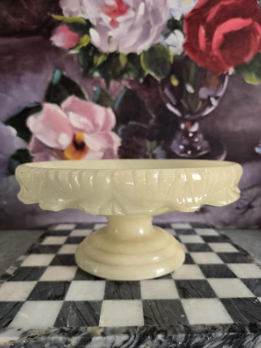 Vintage Alabaster Footed Bowl - Vintage Carved Stone Pedestal Compote ...