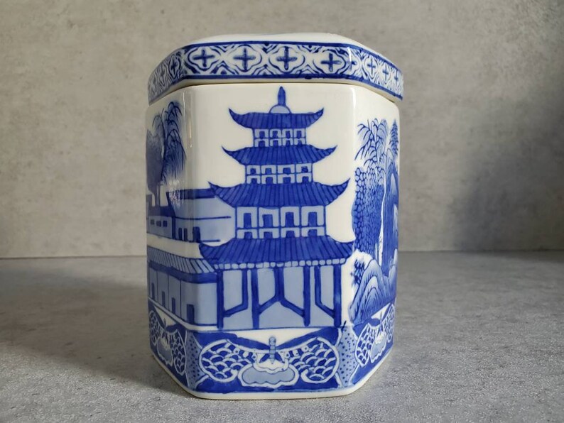 Chinese Canton Box With Lid, Canister Blue & White Porcelain ...